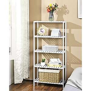 SONGMICS Bamboo Storage Shelf, 5-Tier Shelving Unit, Multifunctional, in The Entryway, Bathroom, Living Room, Balcony, Kitchen, 10.2 x 23.6 x 51.2 Inches, White UBCB35WT