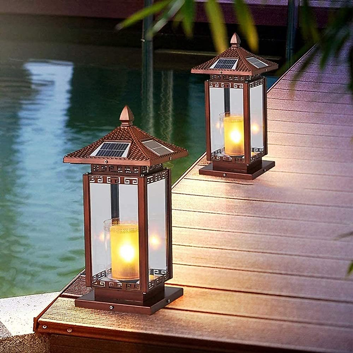 ZHUANYIYI Solar Lights Outdoor,Chinese Style Solar Wall Lamp Outdoor LED Column Head Light Creative Outdoor Waterproof Column Light,for Home Garden