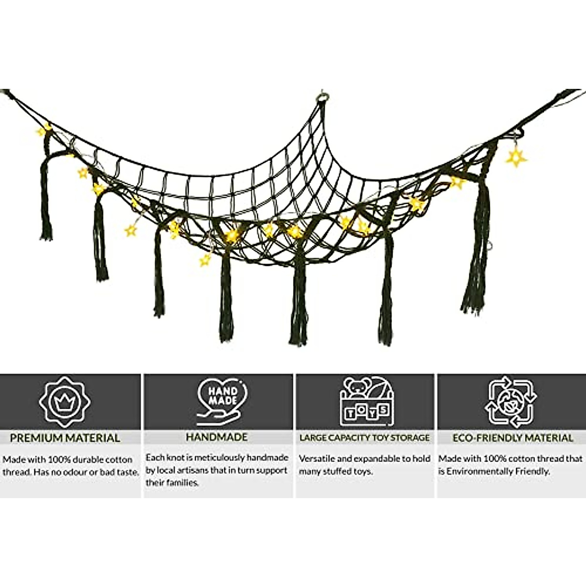 Stuffed Animal Net or Hammock Jumbo - with Warm White LED String Star Lights, Wall Hooks- Stuffed Animal Hammock - Squishmallow Net - Corner Net for Stuffed Animals for Wall - (X-Large - Army Green)