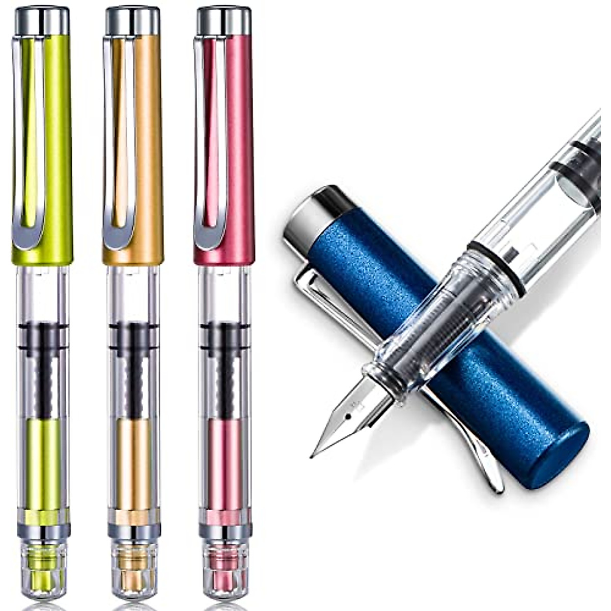 4 Pieces Refillable, Transparent Piston Pen Piston Filling, Extra Fine Fountain Pen for Calligraphy Painting, Drawing, School, Scrapbook and Sketch Signature