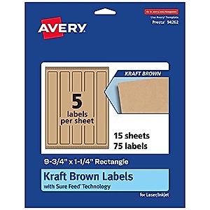 Avery Kraft Brown Rectangle Labels with Sure Feed, 9.75" x 1.25", 75 Kraft Brown Labels, Print-to-The-Edge, Laser/Inkjet Printable Labels