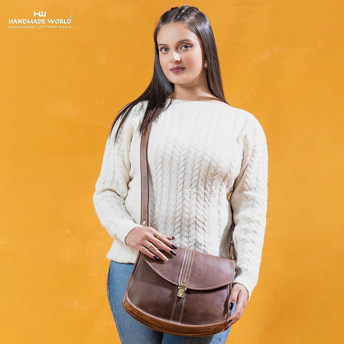 Handmade World Premium Leather Crossbody Satchel Bag For Women Handbag Travel Purse and Sling Saddle Bag (Brown)