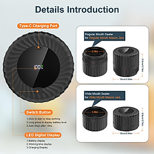 Electric Mason Jar Vacuum Sealer for Cannning＆Food Storage,Led Display,All-in-One Mason Jars Vacuum Sealer Kit for Wide Mouth＆Regular Mouth Jars,Cordless Vacuum Sealer Mothers Day Gifts-8 Jar Lids