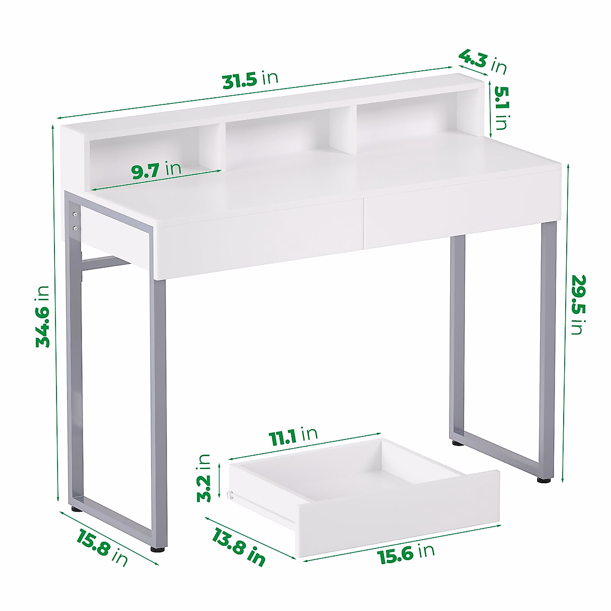GreenForest Vanity Desk with 2 Drawers, White Makeup Desk with 3 Storage Spaces, 31.5 inch Small Desk with Silver Metal Legs, Modern Home Office Desk for Kids, Bedroom (No Mirror)