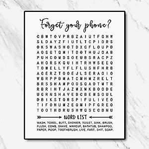 Bathroom Word Search, Forget Your Phone, Word Search Puzzle, Bathroom Wall Art, Bathroom Sign, 8x10 Inch Unframed