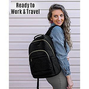 LIGHT FLIGHT Laptop Backpack for Women Laptop Backpacks for 15.6” Notebook Casual Computer Bag Stylish Stitch Pattern Daypack for Work Travel Business College Large Black