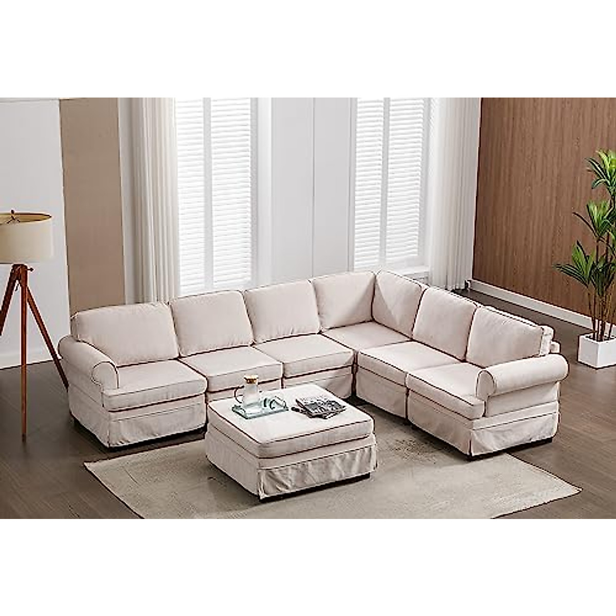 Merax 108.6" Fabric Upholstered Sectional Sofa,Modular Customizable Couch with Removable Ottoman for Living Room,Linen L U Shaped, Beige