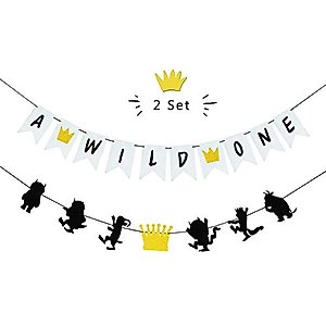 MOAXMOA Wild One Banner and Wild Things Banner Birthday Theme Party Supplies Baby Shower Photo Prop Decorations 17PCS Glitter Gold Silver and Black