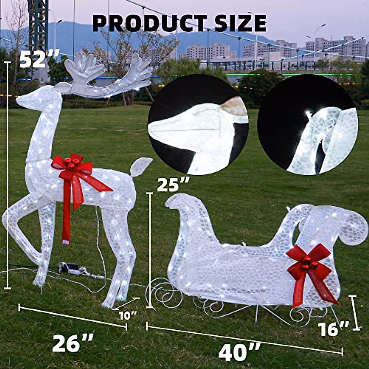 Hourleey Lighted Christmas Decorations Outdoor, Pre-Lit 3D Santa Sleigh Reindeer with 100 LED Cool White Light, Plug in Waterproof Christmas Deer Decorations for Outdoor Yard Lawn Garden Party