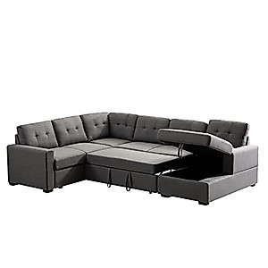ERYE Tufted Upholstered U-Shaped Sectional Sofa with Left Storage Chaise and Pull Out Couch Bed, Oversized Corner Sofa&Couch Convertible Sleeper & Sofabed for Home Apartment Living Room, Dark Gray