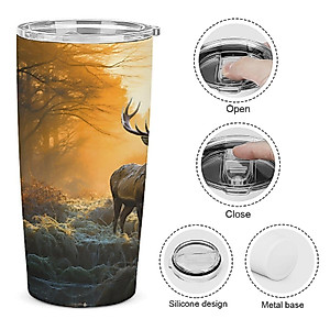 ZXDSKGYN 20 Oz Tumbler With Straw Leak Proof Thermos Cup, Deer In Forest Stainless Steel Insulated Travel Coffee Mug Fit for Car Cup Holder