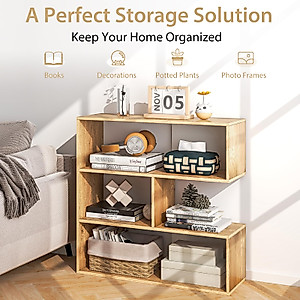 Tangkula 3 Cubes Bookcase, Irregular Open Bookcase, Freestanding Bookshelf Combination, Anti-Tipping Device, Home Display Storage Shelf for Living Room Study (Natural, 3-Cube, Concave)