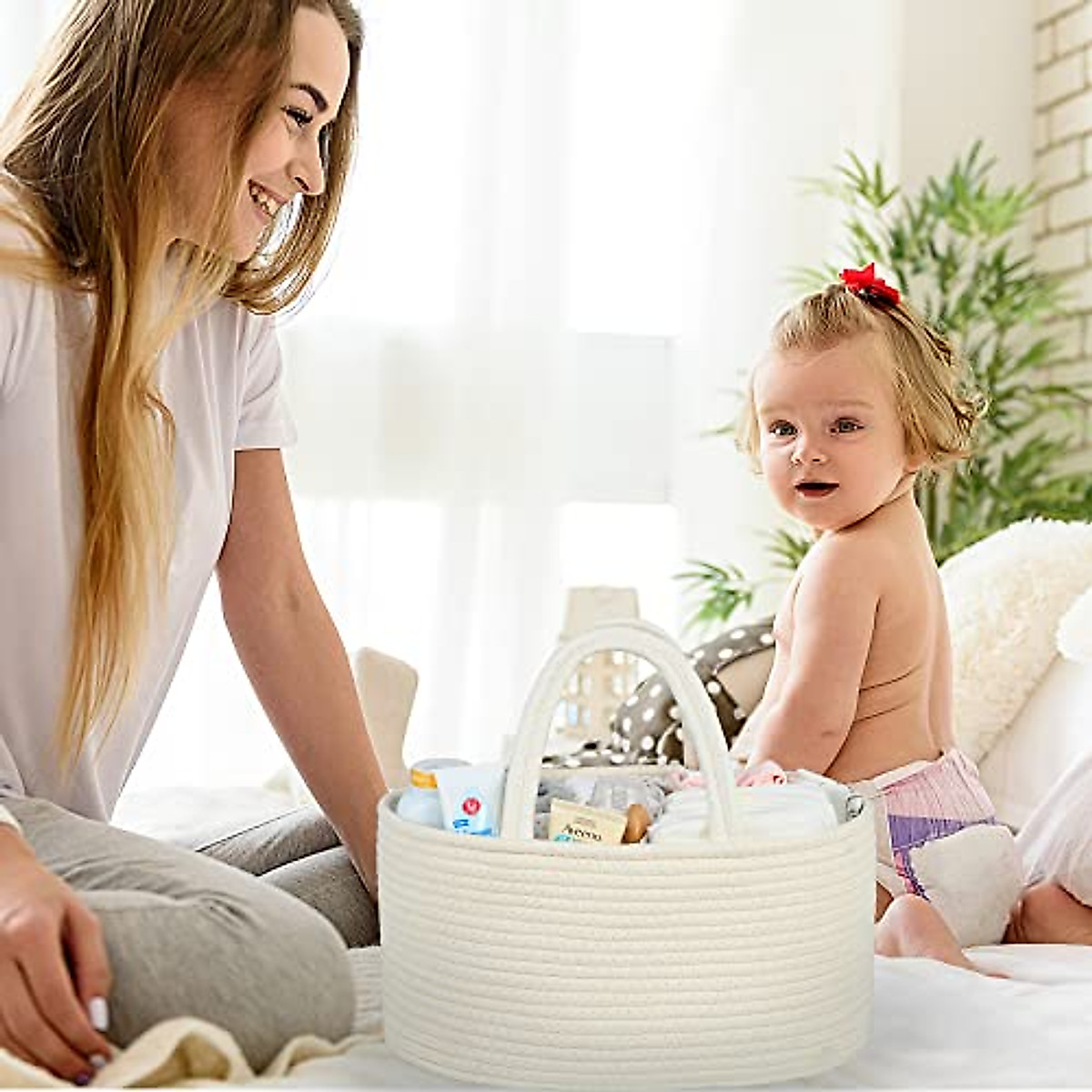 QiANBiRD Baby Diaper Caddy Organizer for Girl Boy Rope Car Diaper Caddy Organizer Basket for Changing Table Cart Portable Diaper Organizer Caddy Tote Baby Organizer for Nursery Shower Registry White