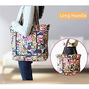 couragejoy Reusable Shopping Bags Foldable Washable Waterproof Large Grocery Bags Heavy Duty Long Handles With Zipper Attached Pouch Sturdy Daily Bags For Working Traveling(cat patern)