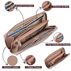 BOTANNER Genuine Leather Womens Zip Around Wallet RFID Blocking 8 Credit Card Slots 2 Bill Sections Zip Section for Coins 2 Slip pockets | Gift for Her (Pink)