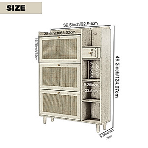 Millies Versatile Entryway Shoe Storage Cabinet with Rattan Accents, Modern Wood Shoe Organizer with Flip Drawers, Compact Hallway Furniture with Side Shelves & Hooks