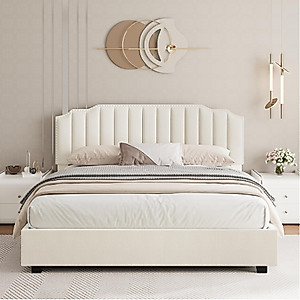 Full Size Bed Frame, Upholstered Lift Up Bed Frame with Button Tufted Headboard, Velvet Platform Bed with Solid Wooden Slats Support, No Box Spring Needed, Beige