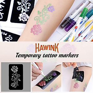 HAWINK Temporary Tattoo Markers for Skin, 10 Body Markers + 56 Large Tattoo Stencils for Kids and Adults, Dual-End Tattoo Pens Make Bold and Fine Lines with Cosmetic-Grade Tattoo Ink ZYH2208001KIT