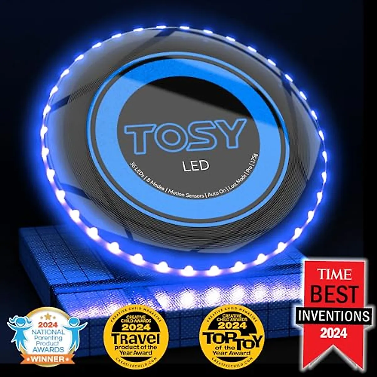 TOSY Flying Disc - 36 LEDs, Extremely Bright, Smart Modes, Auto Light Up, Rechargeable, Cool Valentine, Easter, Birthday & Camping Gift for Men/Boys/Teens/Kids, 175g Frisbee
