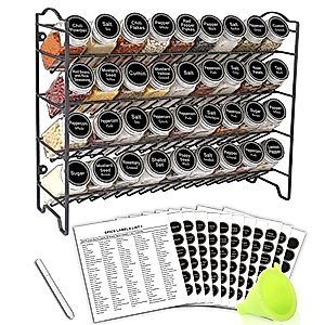 SWOMMOLY Spice Rack Organizer with 36 Empty Square Spice Jars, 396 Spice Labels with Chalk Marker and Funnel Complete Set, for Countertop, Cabinet or Wall Mount, Black