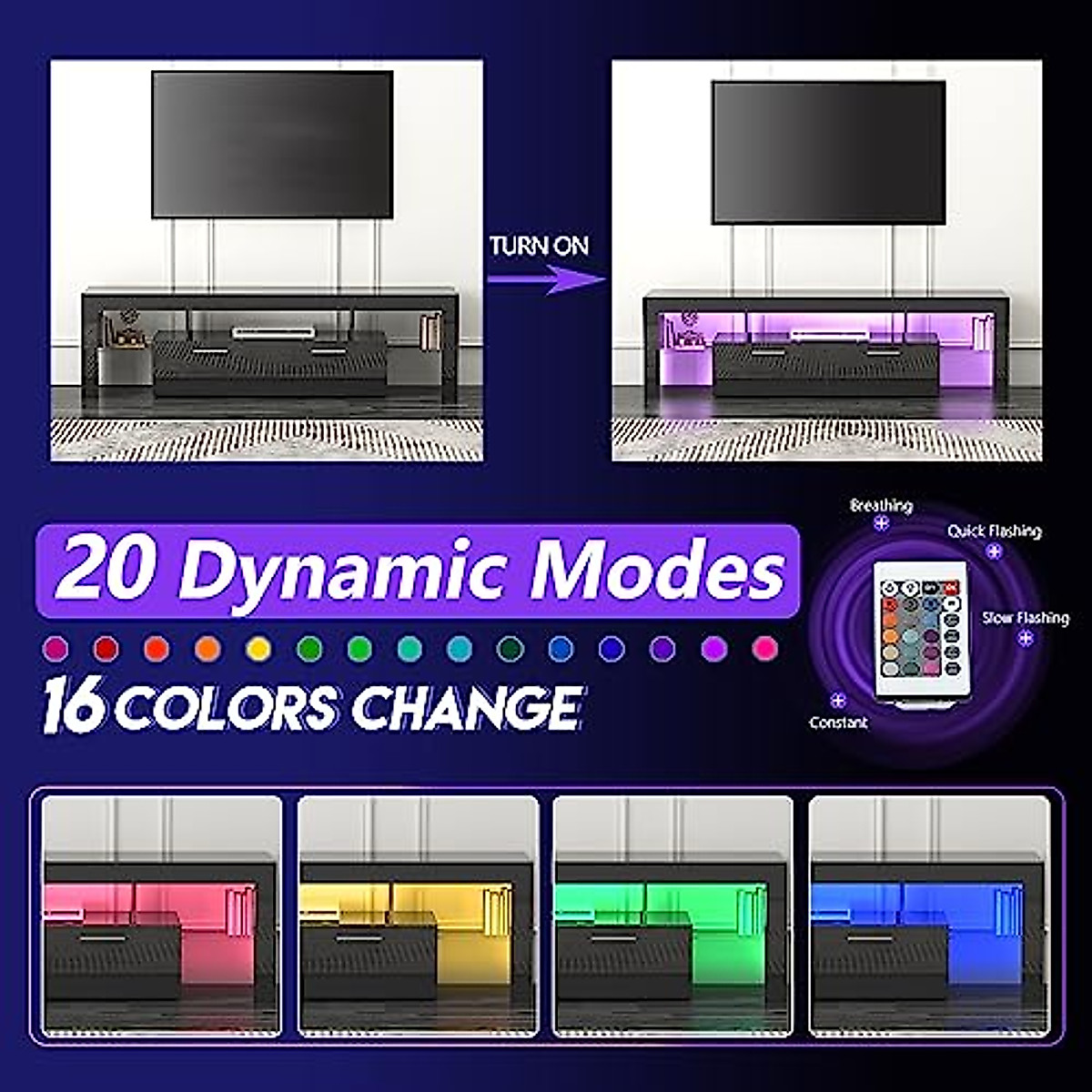 DMIDYLL Black TV Stand with LED Lights for TVs up to 65'', Modern TV Console with Storage Cabinets for Living Room, Bedroom, LED Entertainment Center