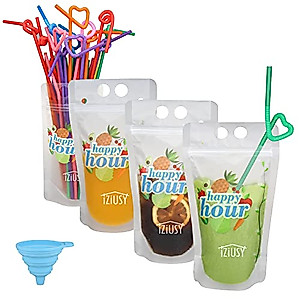 100 Pcs Zipper Plastic Pouches Drink Bags, Heavy Duty Hand-Held Translucent Frosted Reclosable Stand-up Bag 2.4" Bottom Gusset with 100 pcs Straws & Funnel Included