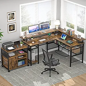 Unikito L Shaped Desk with LED Light and Power Outlet, Reversible Corner Computer Table with Monitor Stand and Storage Shelf, Modern L- Shaped Gaming Desk, Ergonomic Home Office Desk, Rustic Brown