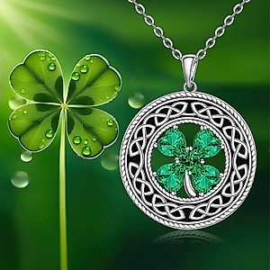 Celtic Knot Shamrock Necklace for Women Sterling Silver St Patricks Day Four Leaf Clover Necklace Good Luck Pendant CZ Jewelry Infinity Valentines Day Necklaces for Her Gifts