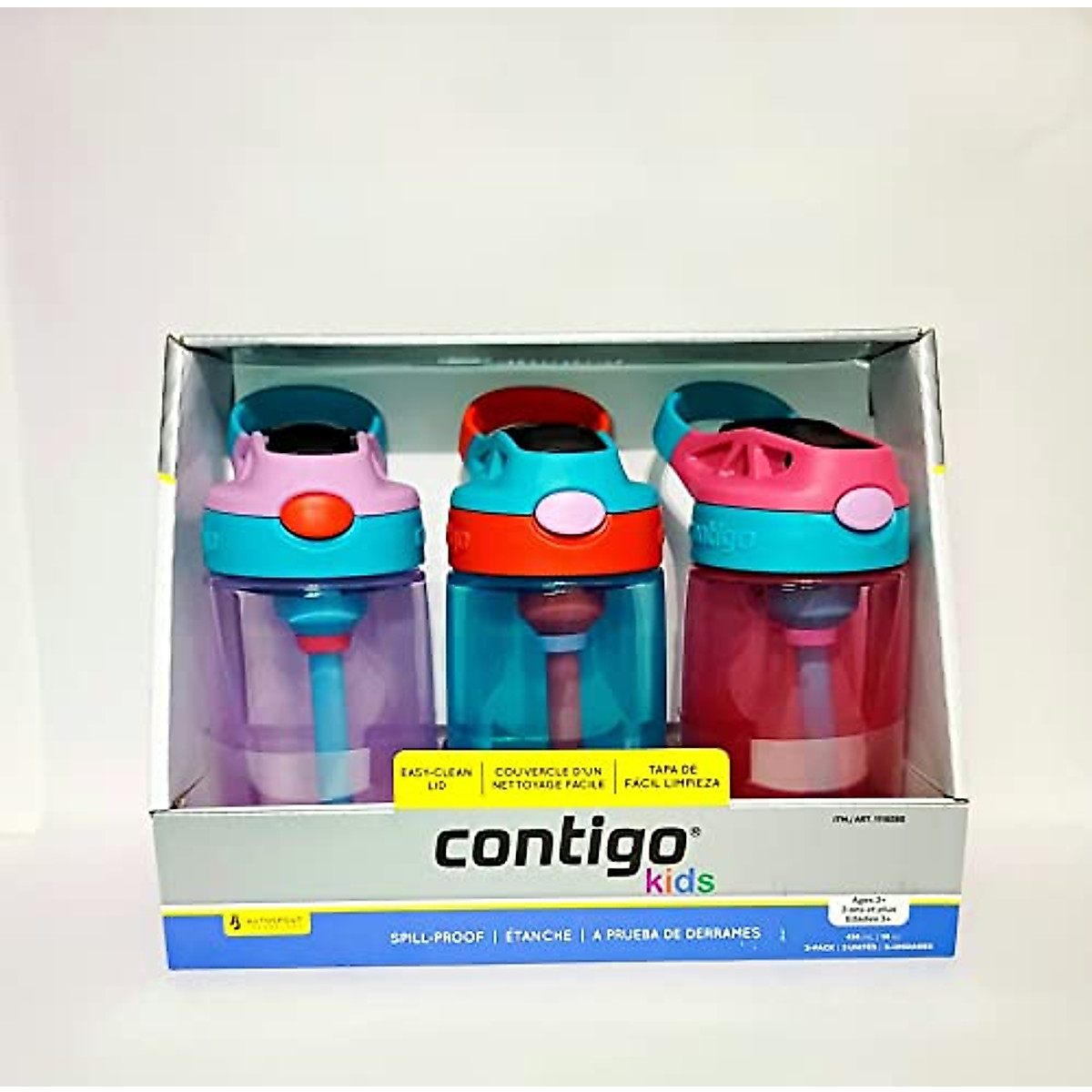 Contigo Kids Water Bottle, 14 oz with Autospout Technology – Spill Proof, Easy-Clean Lid Design – Ages 3 Plus, Top Rack Dishwasher Safe, 3-Pack, Purple/Blue/Pink