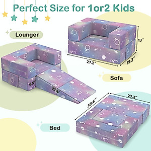 BIERUM Toddler Couch with Blanket, 3-in-1 Luminous Kids Couches and Sofas Fold Out, Convertible Sofa to Playful Slide for Girls and Boys, Extra Softer Kids Sofa Chair for Bedroom Playroom