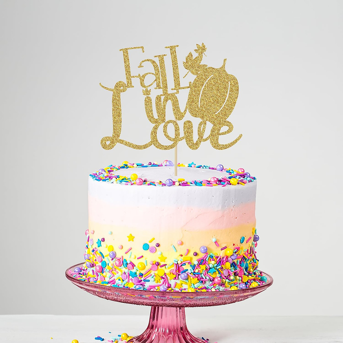 Glitter Fall in Love Cake Topper - Autumn Happy Anniversary Cake Topper, Pumpkin Wedding Engagement Bridal Shower Party Decorations Gold