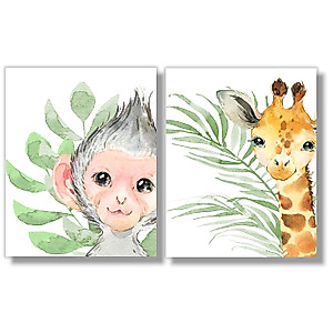 Baby Safari Animals Wall Art Prints - Nursery Decor - Set of 6-8x10 - Jungle Animal Pictures - Unframed - Watercolor