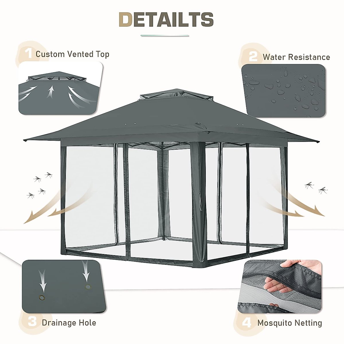 EAGLE PEAK 13x13 Pop Up Gazebo with Mesh Netting, Easy Up Screened Canopy for Patio and Backyard, Easy Set up Outdoor Gazebo (Gray)