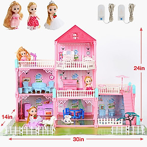 ArgoHome Dollhouse, Dream House Toys for 3 4 5 6 7 8 Years Old Girls Kids, Dollhouse Sets with 2 Dolls, 7 Rooms, Furniture and Accessories, DIY Building Pretend Play Doll House, Gift for Girls.