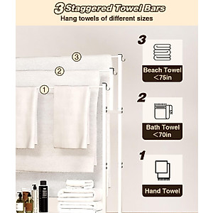 Mondazie 44” Tall Free Standing Towel Racks with 6 Hooks for Bathroom, 3 Tiers Oversized Pool Bath Towels Drying Stand, Metal Blanket Ladder Holder with Storage Shelf for Bedroom Living Room, White