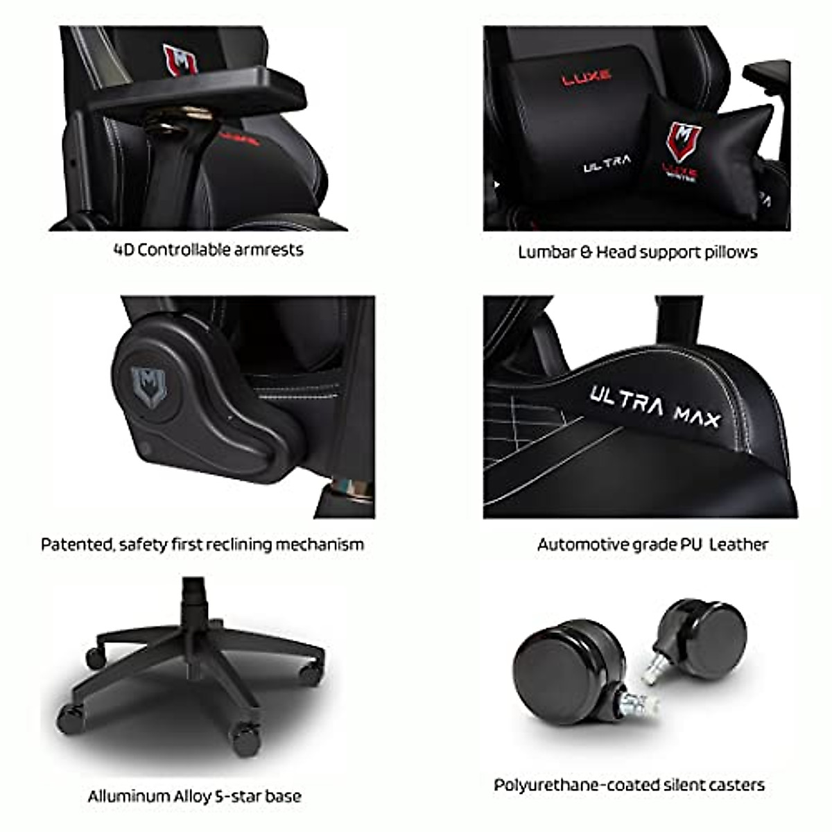 Luxe Ultra Max Gaming Chair and Desk Chair- Black Body with Black Side seat Panels and Gold Stitching