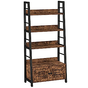 IRONCK Bookshelf with Louvered Doors, 3-Tier Ladder Shelf with Cabinet Industrial Accent Furniture for Bedroom Living Room Home Office, Rustic Brown