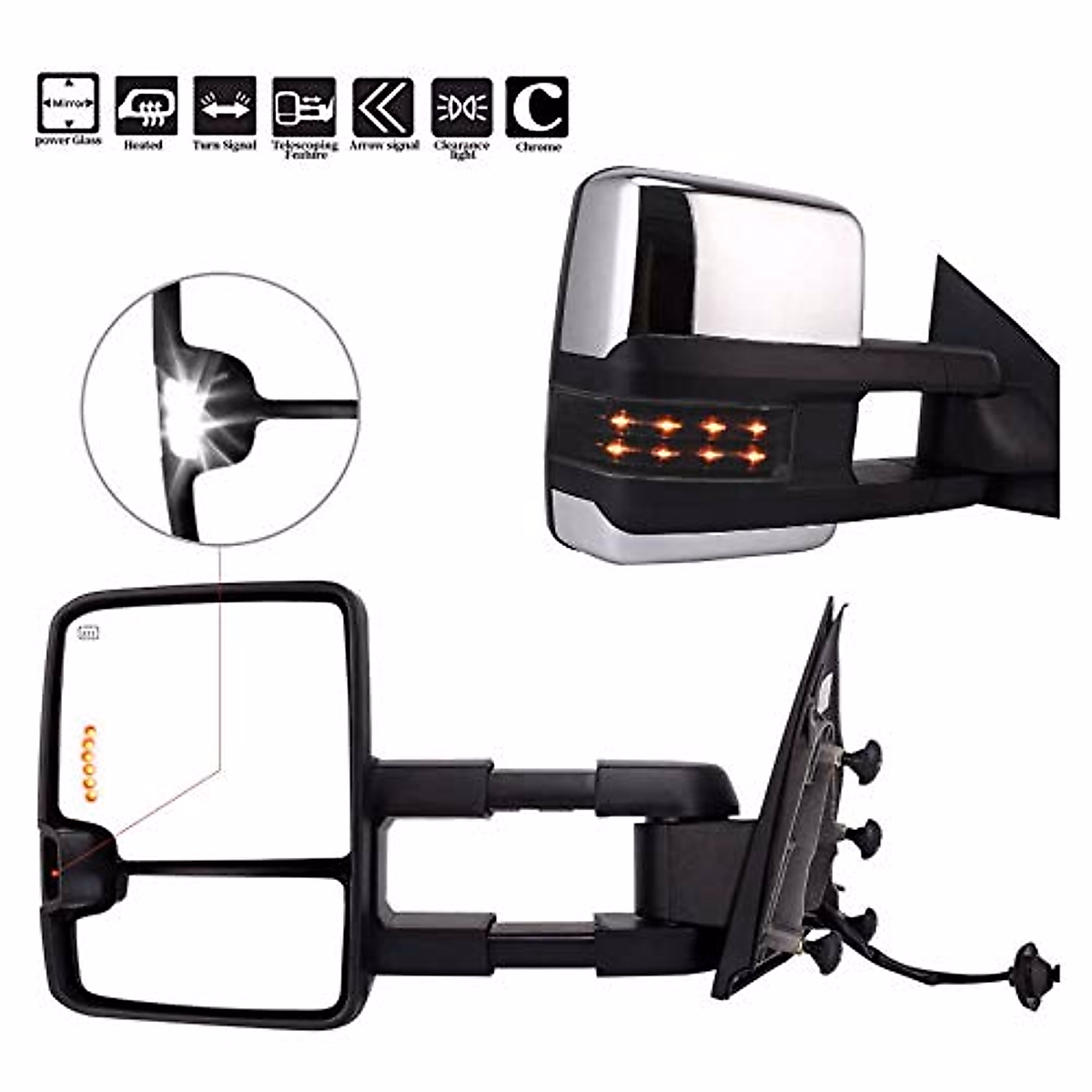 Perfit Zone TOWING MIRROR Replacement Fit For SILVERADO SIERRA 14-ON With Power Heated LED Smoke Signal Light clearance lamp Pair Set