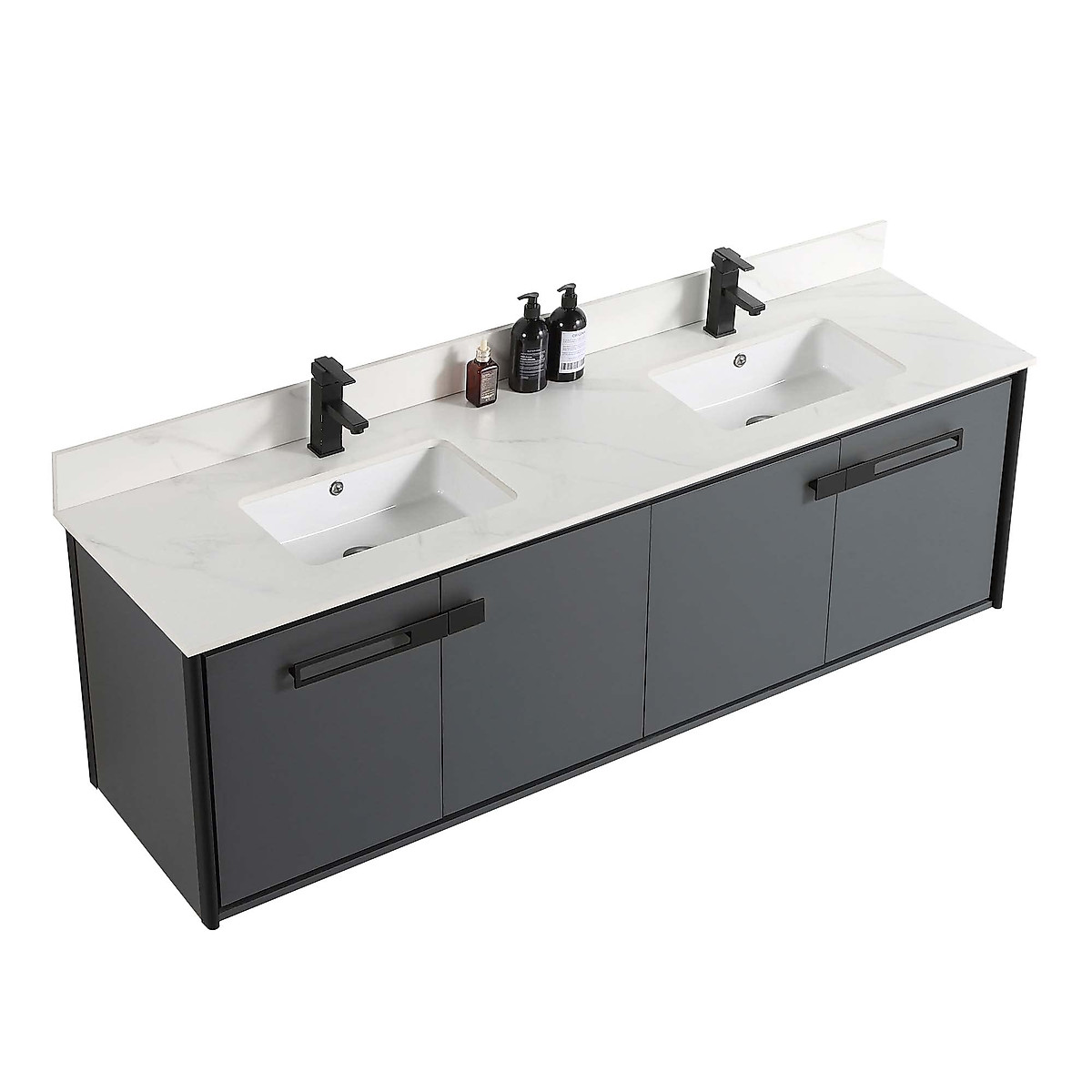 Fine Fixtures Oakville 72 in. W x 20 in. D x 33 in. H Wall Mounted Bathroom Vanity in Onix Grey with White Ceramic Sink - Black Hardware