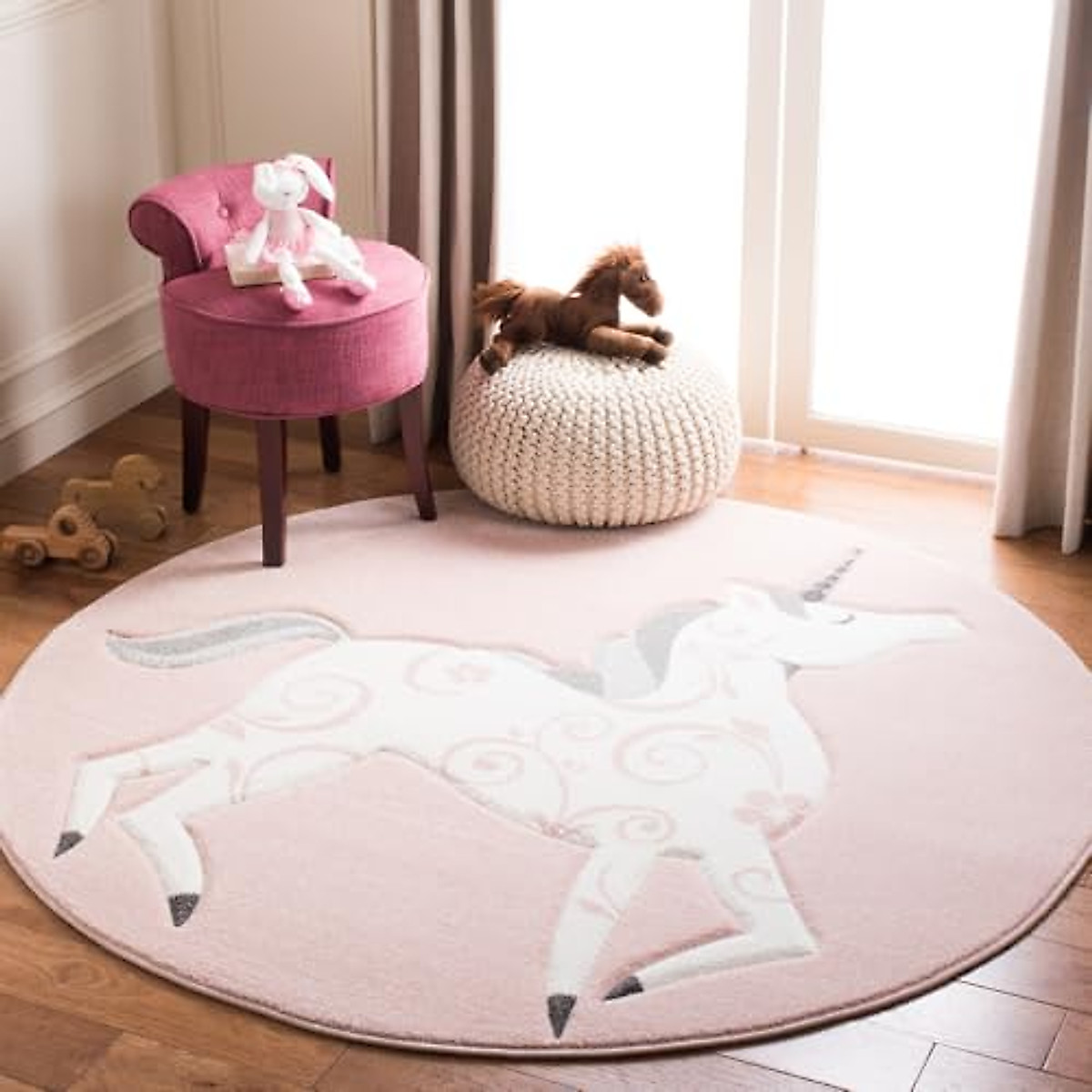SAFAVIEH Carousel Kids Collection Area Rug - 5'3" Round, Pink & Ivory, Non-Shedding & Easy Care, Ideal for High Traffic Areas for Boys & Girls in Playroom, Nursery, Bedroom (CRK163P)