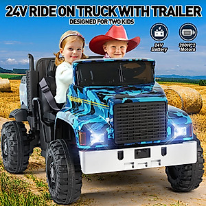JOYLDIAS 2 Seater Ride On Car, 24V Battery-Powered Dump Truck, Ride On Toy with Dump Bed, Dual Motors, 4 Large Wheels, 2.4G Remote Control, 3 Speeds, Bluetooth, Camo Blue