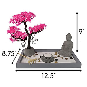 Japanese Zen Garden Lotus Candle Holder - Mini Pink Bonsai Garden with Buddha Statue or Relaxation and Meditation - Perfect Home Desk Decor and Gift Set - Gray, 8.75" x 12.5" x 9"