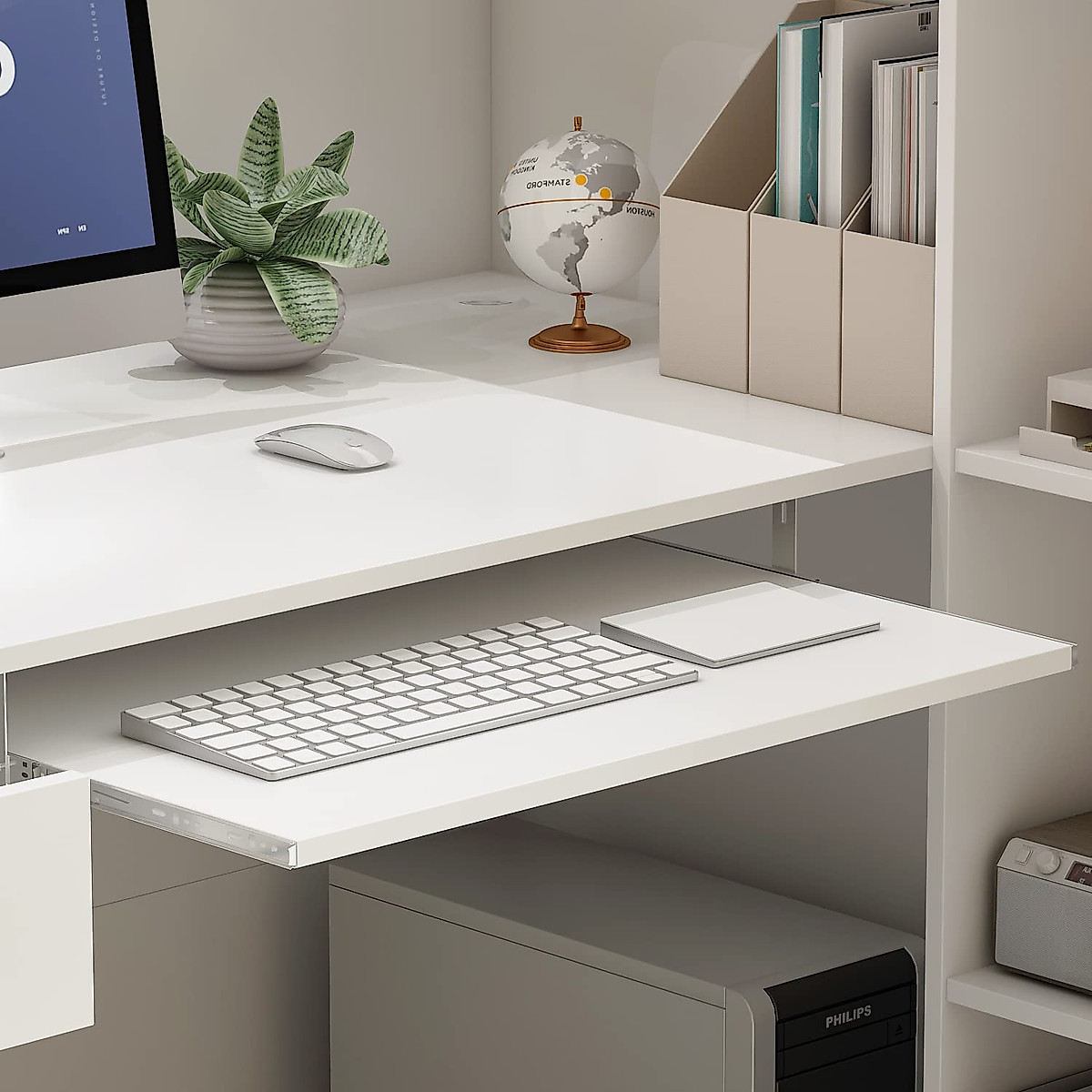 AIEGLE Reception Desk with Hutch, Reception Counter Desk with Lockable Drawers & Shelves, for Salon Recetion Room Retail Counter Checkout Office, White (55.1" W x 43.3" D x 43.3" H)