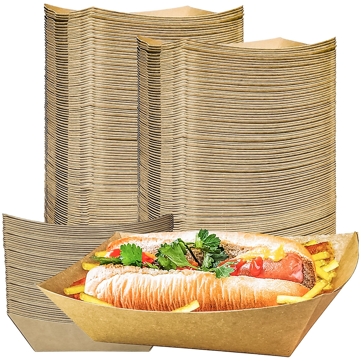 MotBach 100 Pack 3lb Kraft Paper Food Trays, Heavy-Duty Paper Food Boat Disposable Serving Basket Tray for French Fries Nachos Snack Hot Dog Taco BBQ Popcorn Party Picnic Wedding Party (Brown)