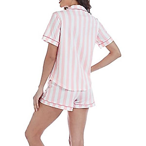 LUBOT 100% Cotton Women's Pajamas Set Short Sleeve Button-Down Shirt PJ Two-piece Set Printed Patterned Summer Night Suit Sleepwear Loungewear (Stripe, M)