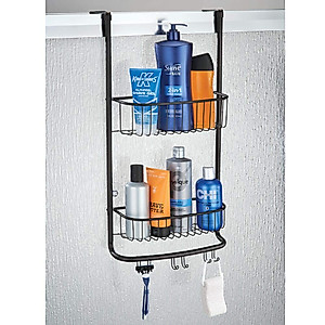 mDesign Stainless Steel Bath/Shower Over Door Caddy, Hanging Storage Organizer 2-Tier Rack with 6 Hooks and 2 Baskets - Holder for Soap, Shampoo, Loofah, Body Wash, Omni Collection, Matte Black