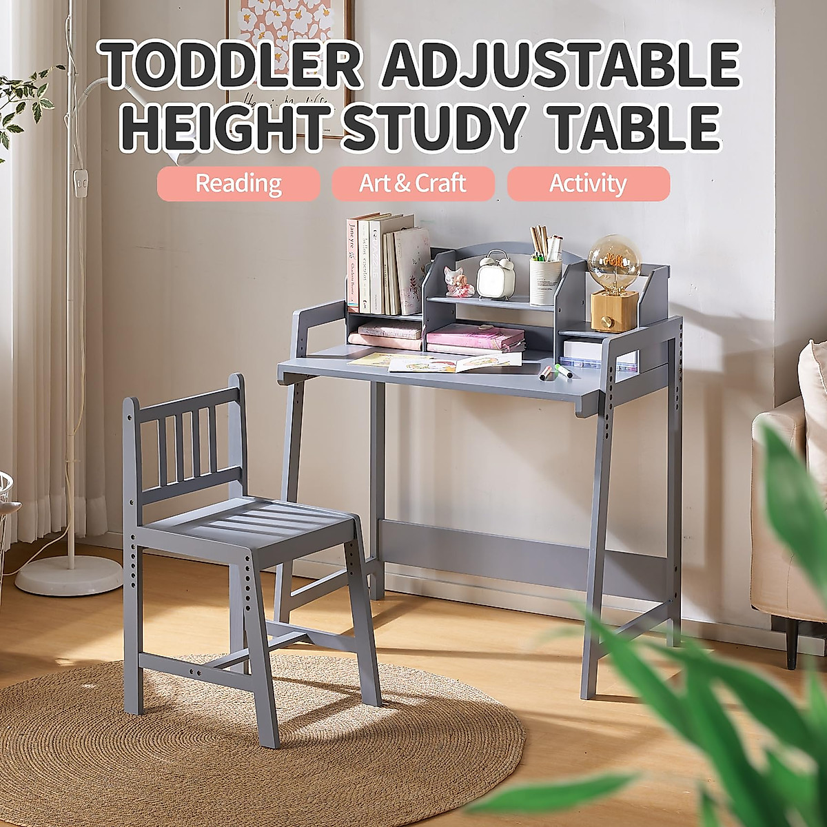 UNICOO Height Adjustable Bamboo Kids Desk and Chair Set - Ergonomic Kid Desk and Chair Set for Study, Writing, and Homework - Durable and Eco-Friendly Kids' Desks for Home and School (Grey)