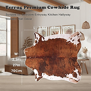 Terrug Small Cowhide Rug Western Decor, 3.6 x 2.3 Feet Premium Western Cow Print Rug, Faux Cowhide Rug for Living Room Bedroom Entryway Kitchen Hallyway Party Wall Home Decor, Brown