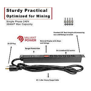Valiant Power Rack Mount Power Strip - 240V 30A Single Phase PDU with Built-in Surge Protector, Volt & Amp Meter for Data Center - 19” Metal Housing, Ears & Fittings Included, 6’ Cable, 6 Outlets