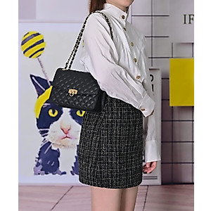 GM LIKKIE Quilted Shoulder Bag for Women, Medium Flap Crossbody Handbag with Chain Strap, Soft Vegan Leather Clutch Purse (Black)